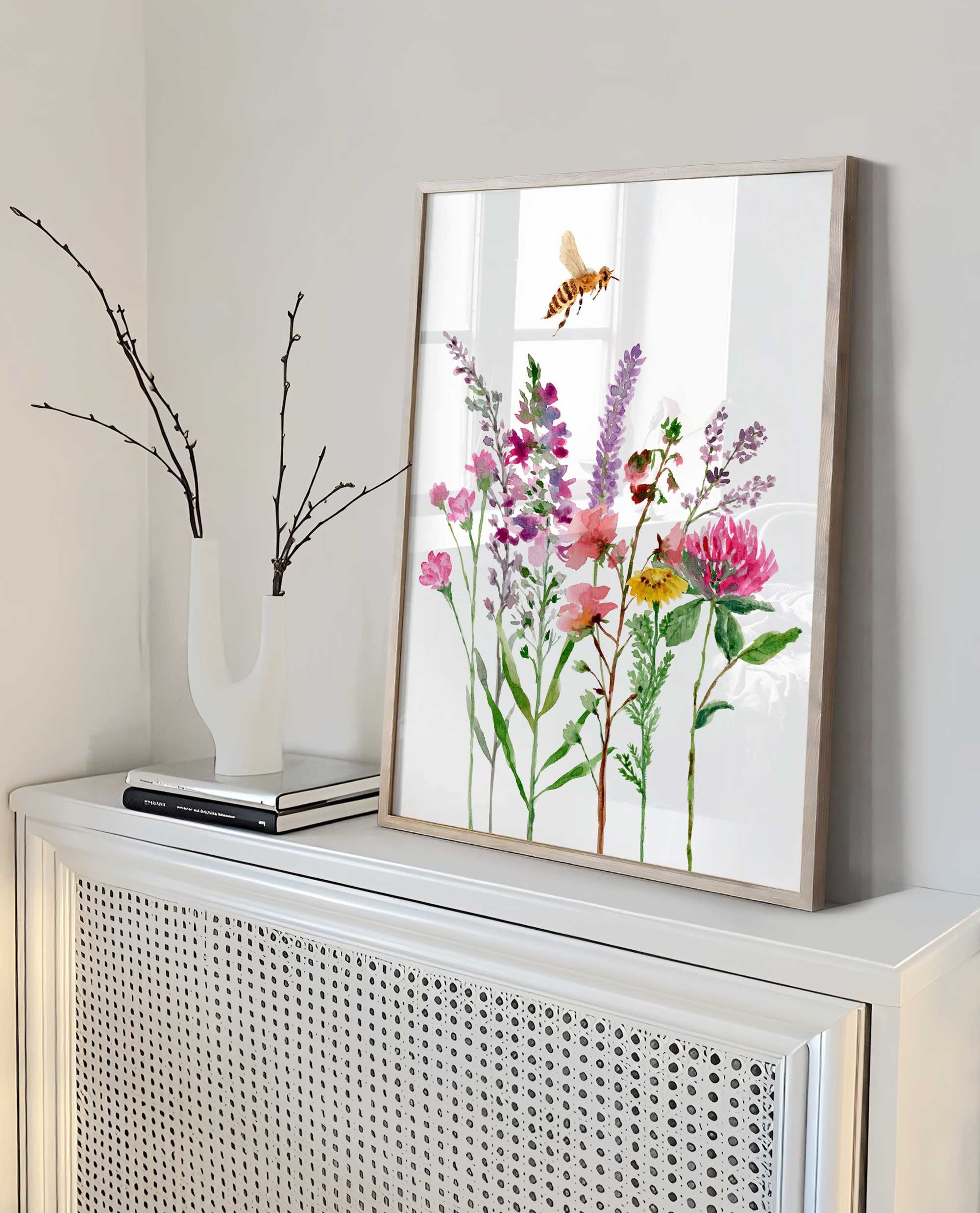 Honey Bee Art Print, Lavender Wildflowers Wall Art, Wildflowers Wall ...