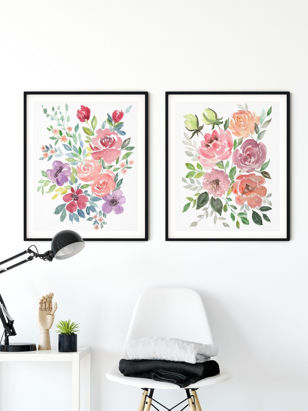 Floral Wall Art, Set of Two Prints, Watercolor Colorful Floral Print ...