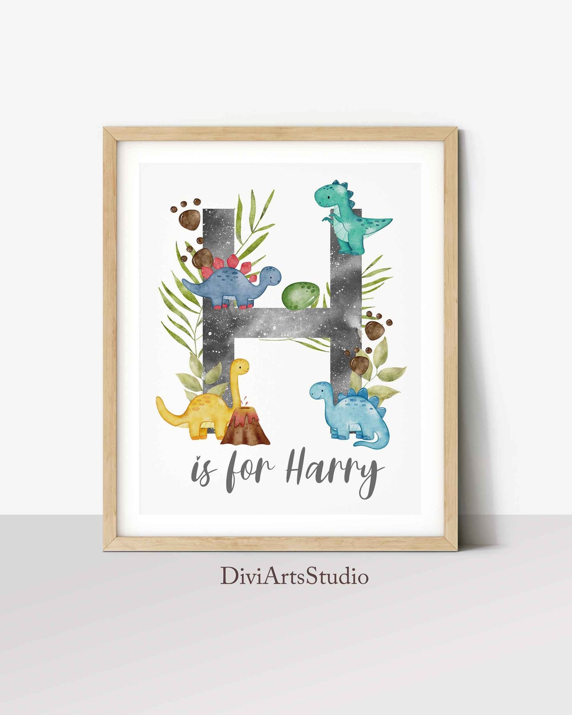 Dinosaur Wall Art, Baby Name Initial Print, Boy Nursery Decor, Set of 3 ...