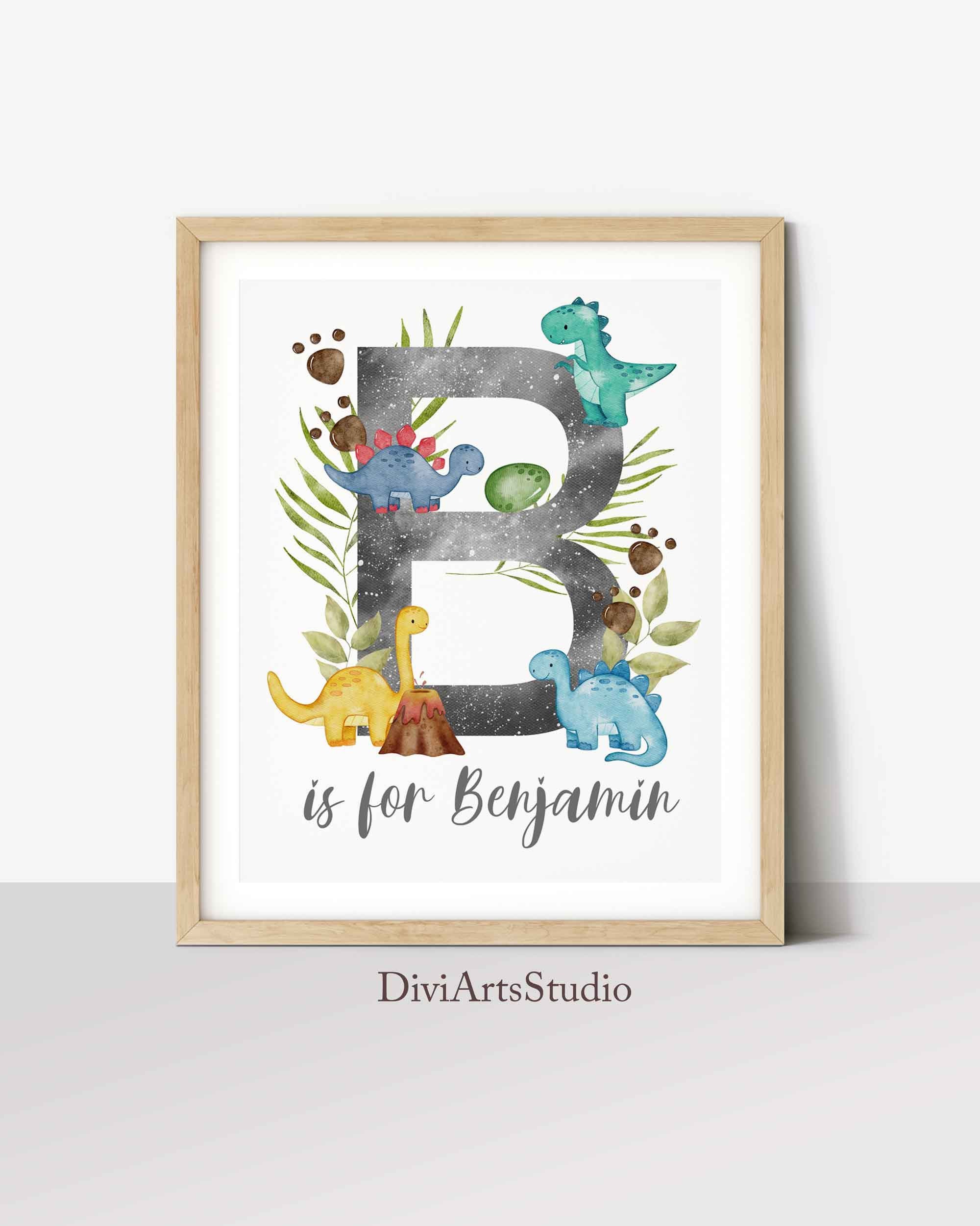 Dinosaur Wall Art, Baby Name Initial Print, Boy Nursery Decor, Set of 3 ...