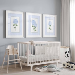Blue Hydrangea Print, Set of 3 Hydrangeas, Stripes Coastal Decor ...