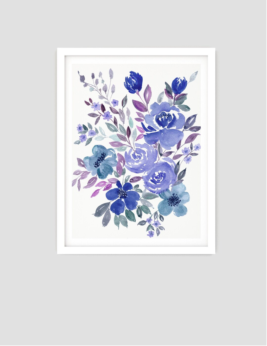 Watercolor Blue Flowers Wall Art, Navy Blue Flower Print, Peonies ...