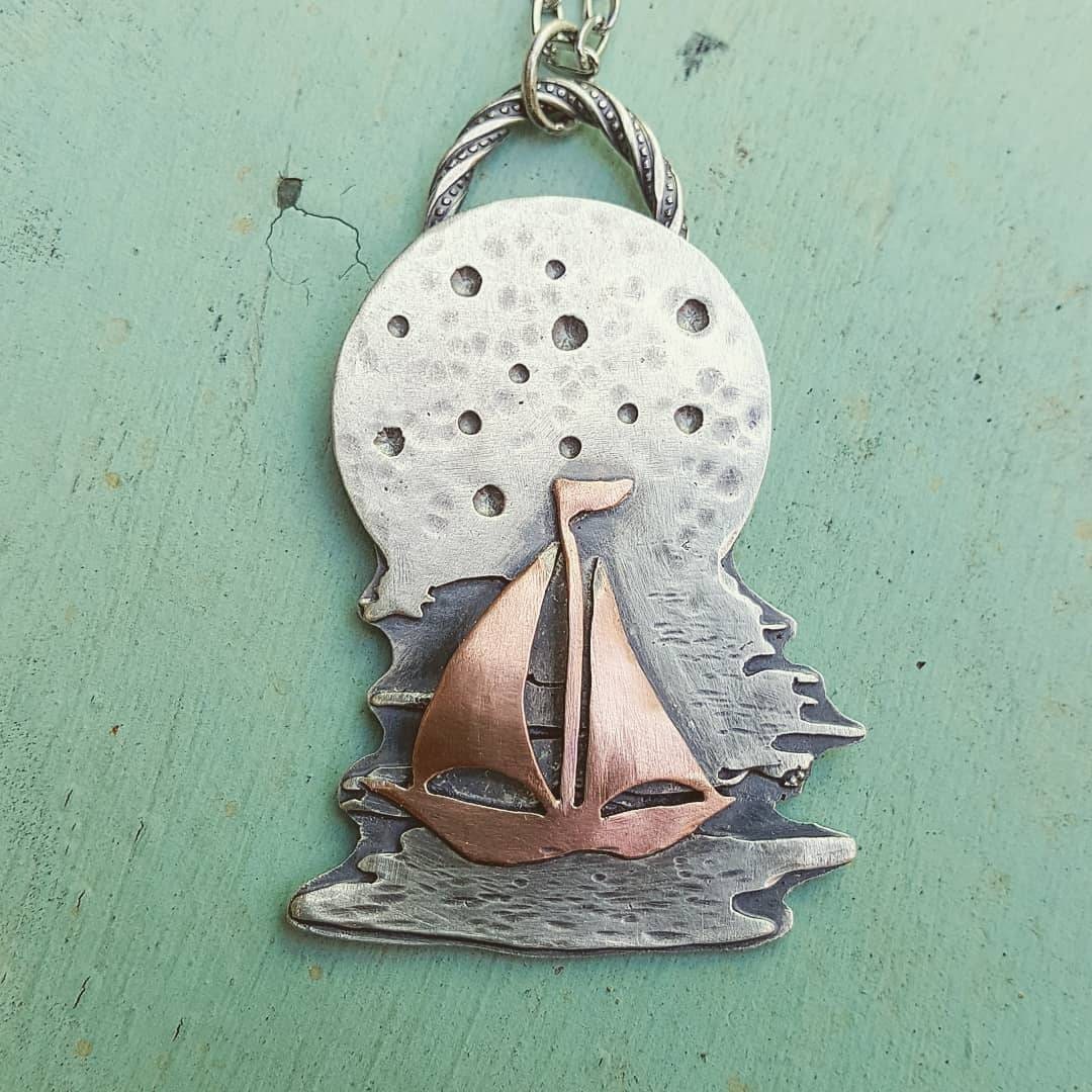 Moon And Sailboat Pendant Necklace On The Water Sailor Jewelry | Etsy