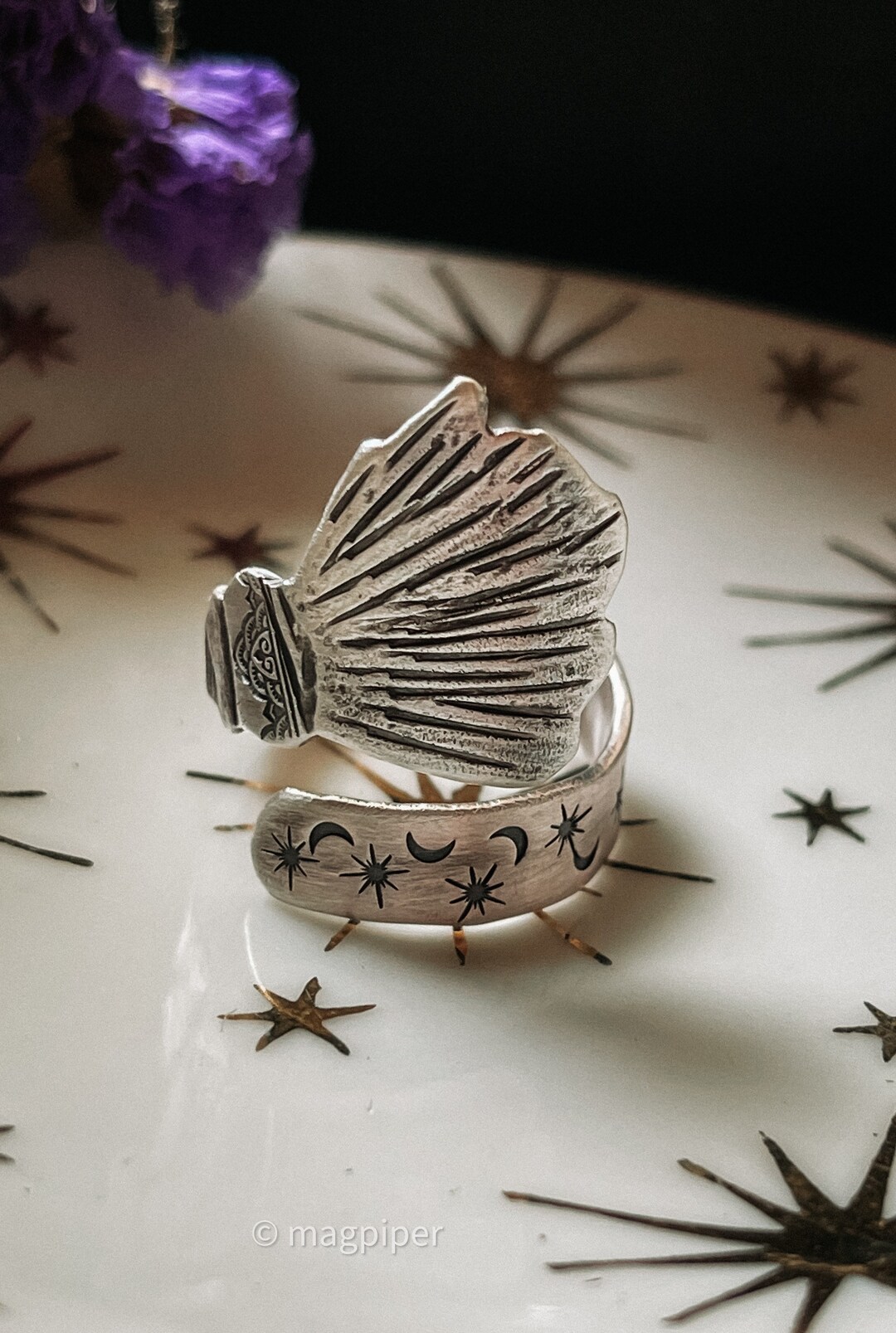 Bewitched Broom Wrap Ring Adjustable Sterling Silver Witch Broom Ring ...