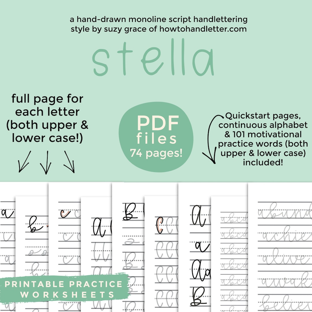 Monoline Script Handlettering Worksheets THE STELLA | Printable ...