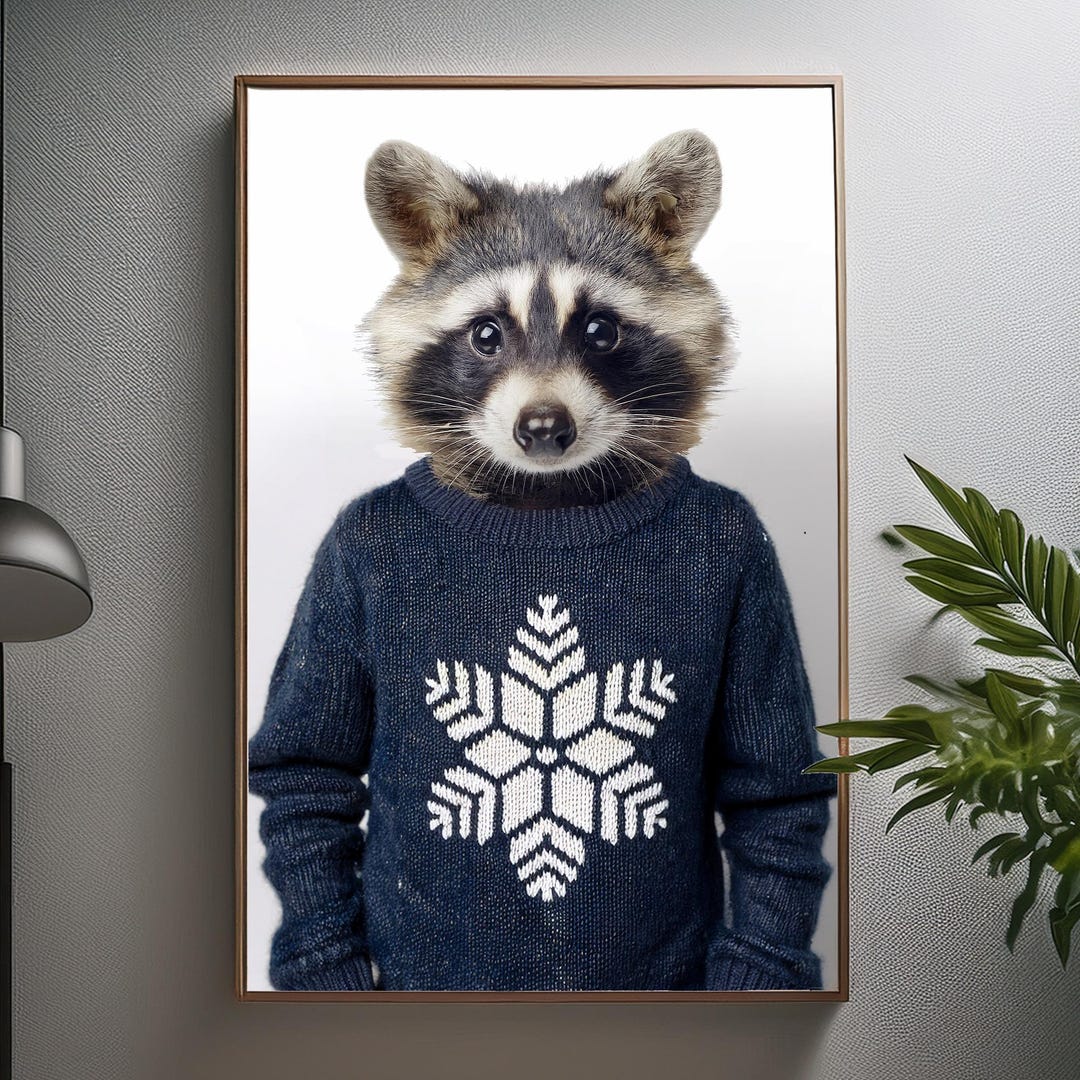 Snowflake Bandit – Raccoon in Winter Sweater, Whimsical Woodland Animal ...