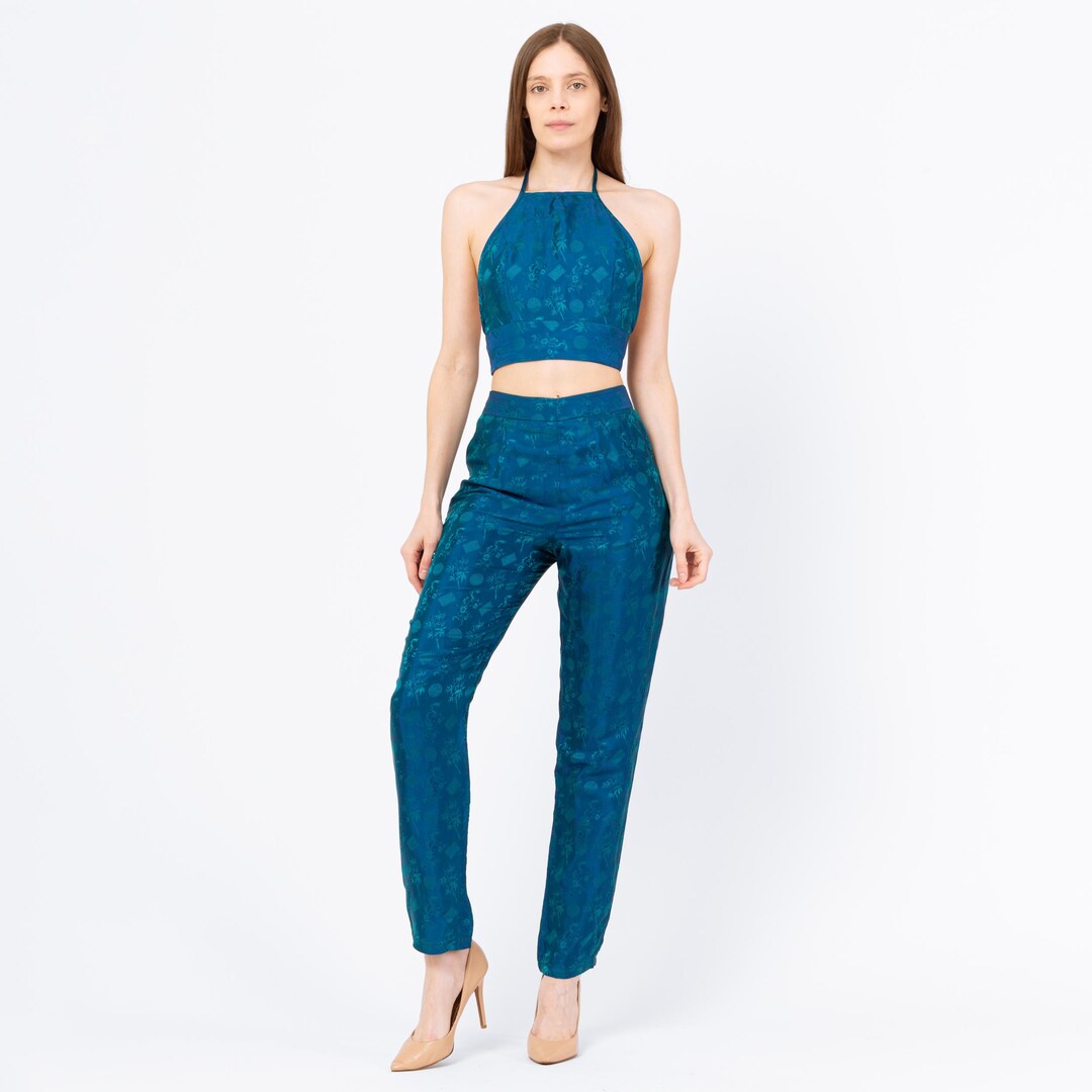 Vietnamese Teal Silk Jacquard Halter Top & Pants Set - Medium | Vintage ...