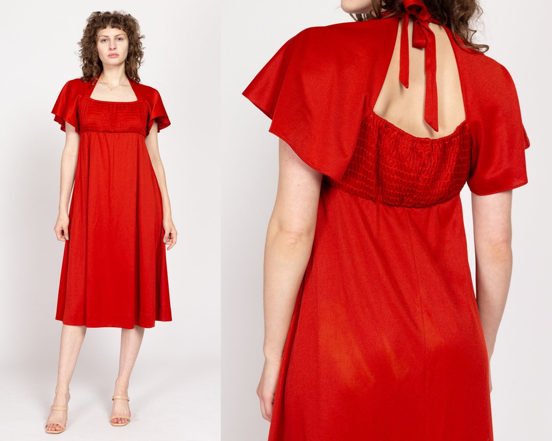 Large 70s Rust Red Capelet Keyhole Back Midi Dress Vintage A Line ...