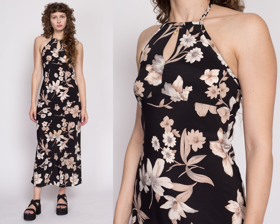 XS 90s Boho Black Floral Halter Maxi Dress Vintage Tropical Flower ...