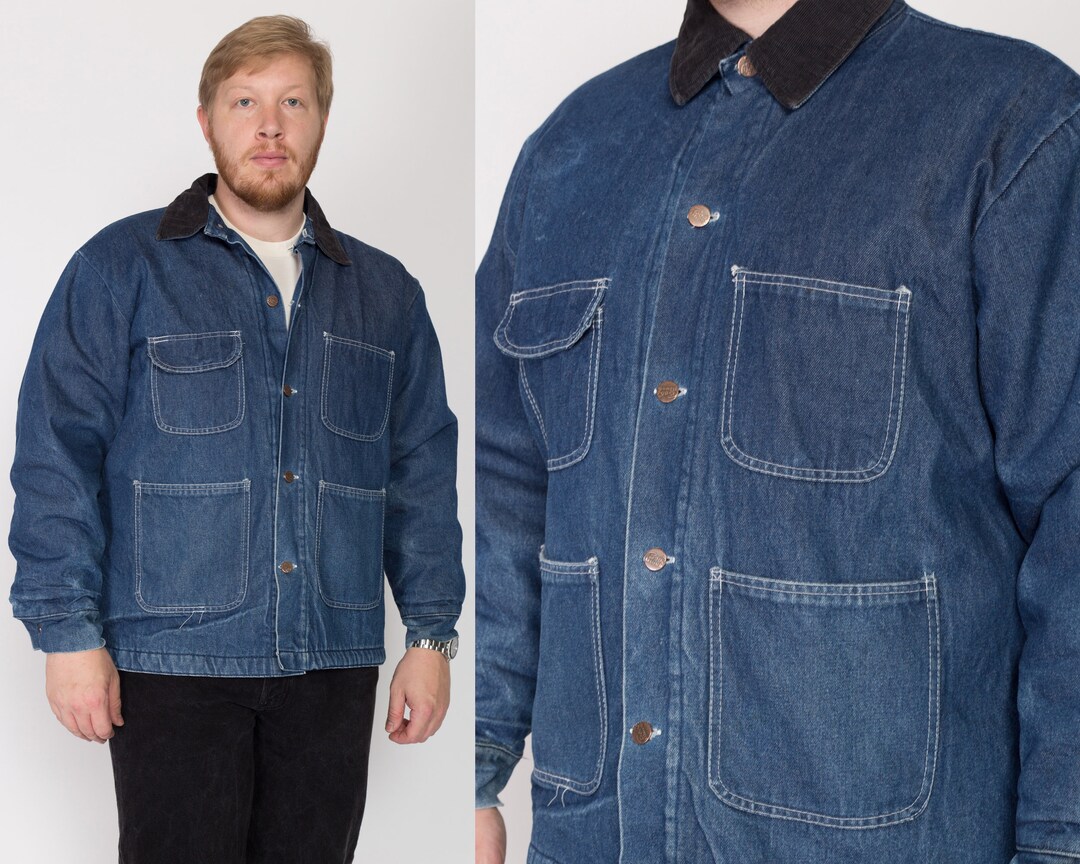 XL 90s Denim Blanket Lined Chore Coat Vintage Bob Barker Co. Corduroy Collar Workwear Jean ...
