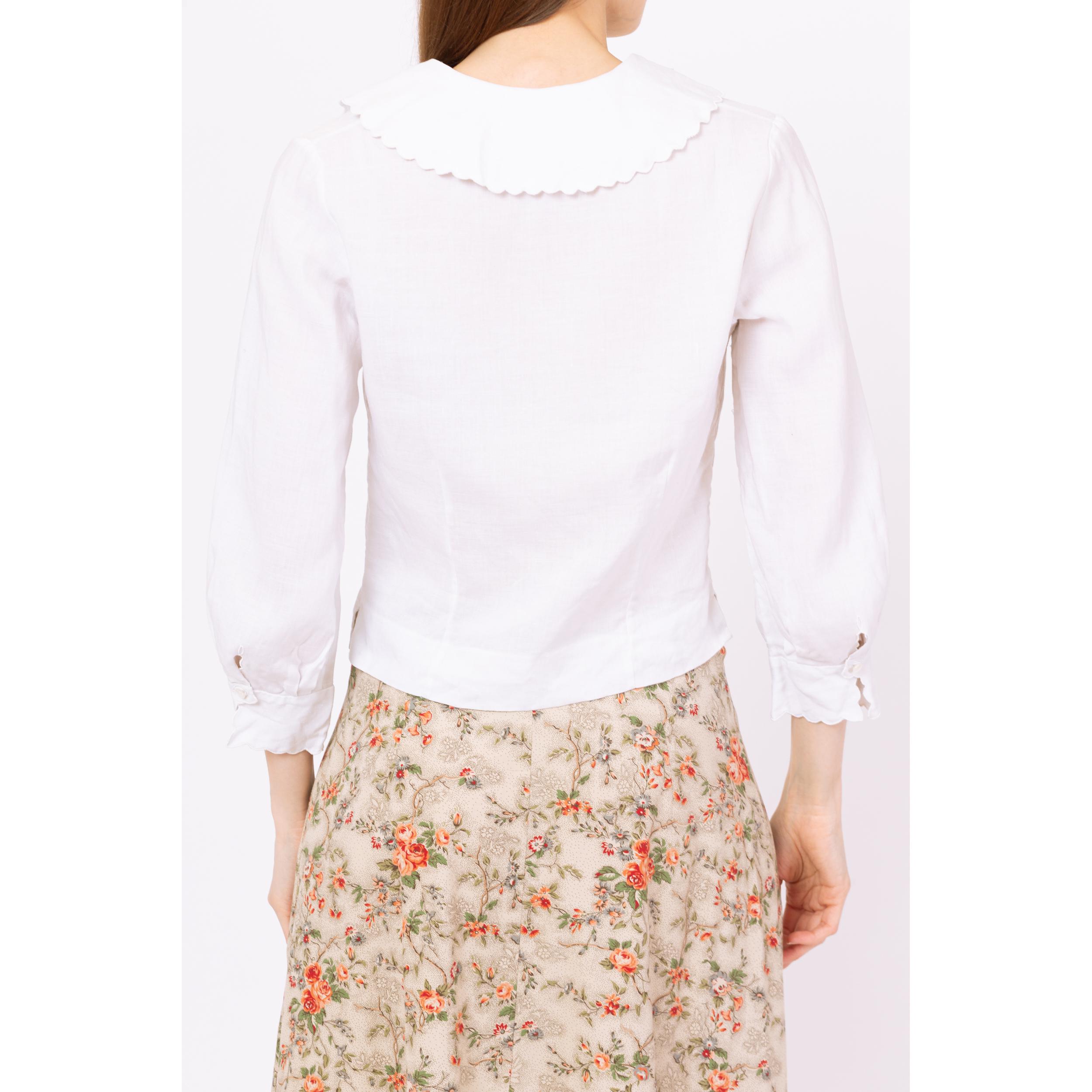 Vintage 60s White Irish Linen Scalloped Trim Blouse - Small | Boho ...