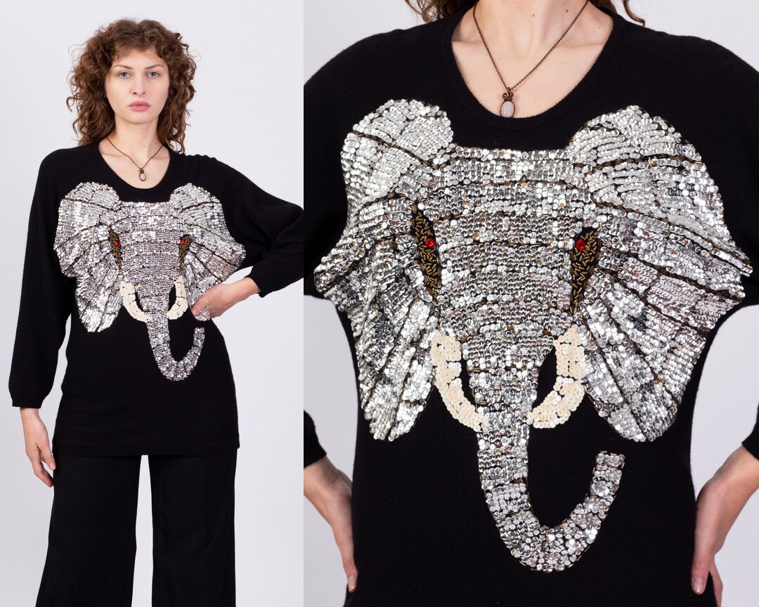 80s Black Angora Sequin Elephant Sweater Small to Medium Vintage ...
