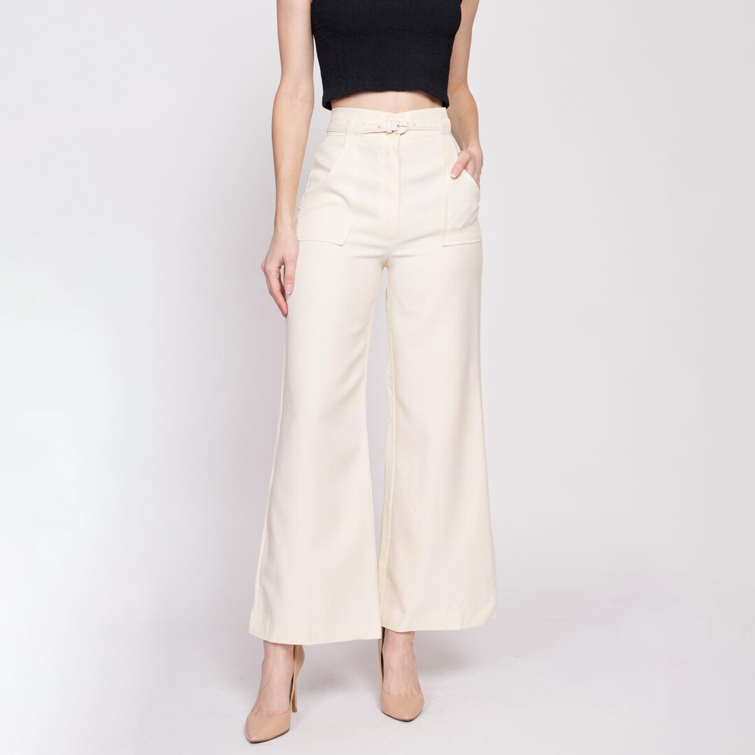 Small 70s Ivory Belted Flares 26 Vintage High Waisted Retro Polyester ...