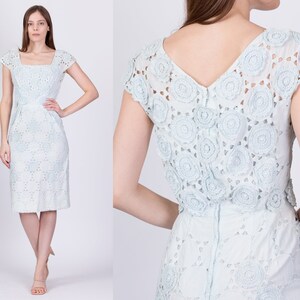 1950s Baby Blue Eyelet Sheath Midi Dress, as is Extra Small Vintage Nat ...
