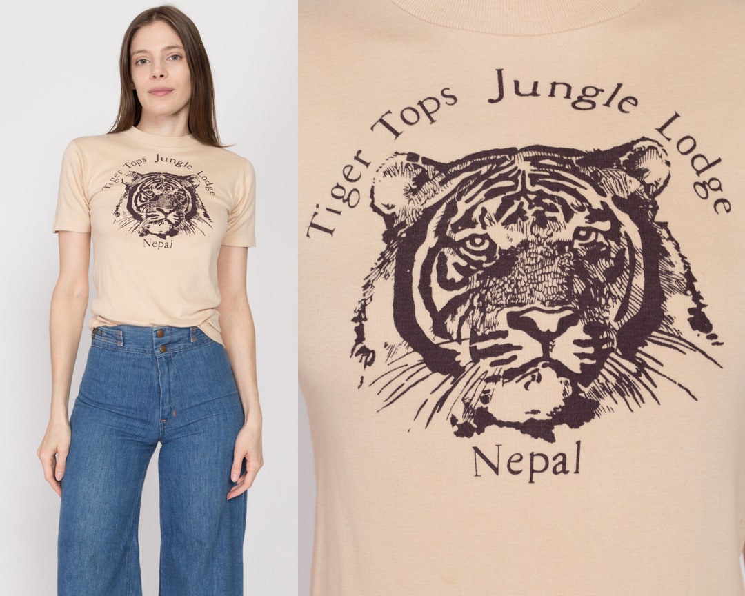 Small 80s Tiger Tops Jungle Lodge Nepal T Shirt Vintage Tan Cotton ...
