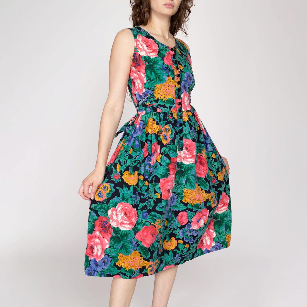 Sm-med 80s Floral Fit & Flare Pinafore Sundress | Vintage Sleeveless ...