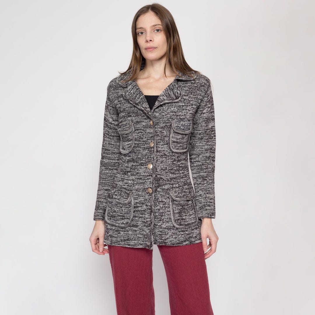 70s Marled Grey Knit Cardigan - Medium | Vintage Notched Collar Retro ...