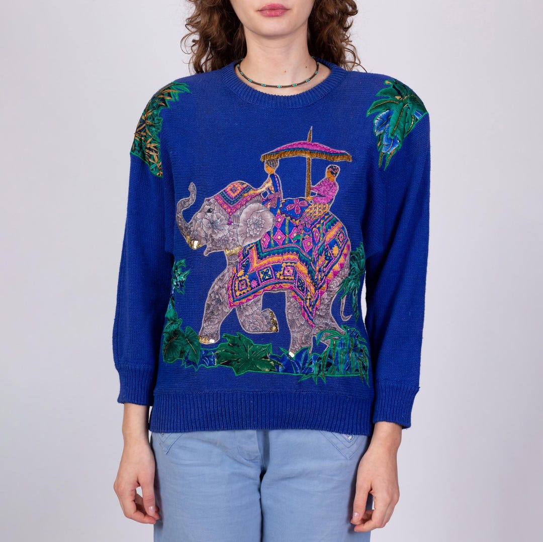 80s Royal Blue Elephant Knit Sweater - Medium | Vintage Batwing Sleeve ...