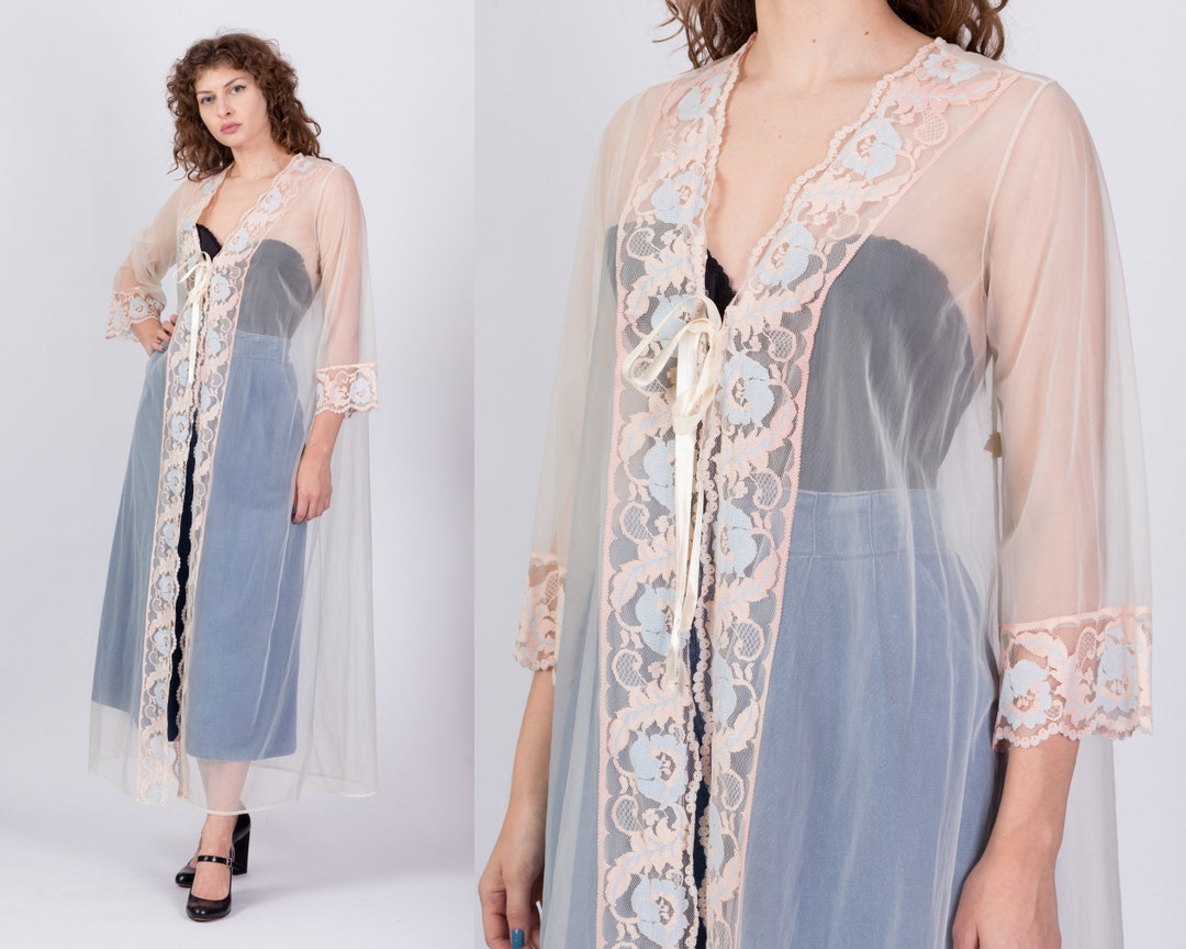 Medium 60s 70s Sheer Bluebell Lace Peignoir Vintage Floral Negligee ...