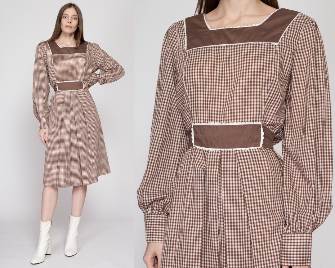 Large 70s Gingham Fit & Flare Square Dance Dress Retro Vintage Brown ...