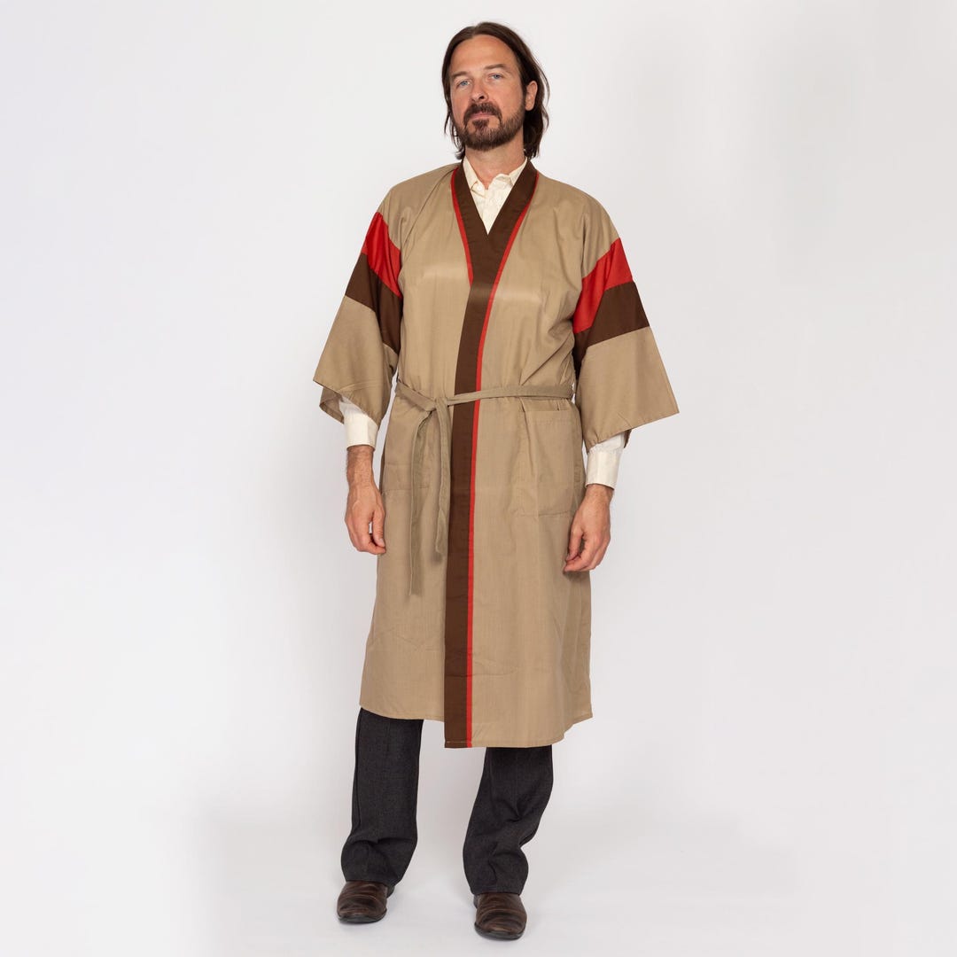 One Size 70s Tan & Red Color Block Robe | Vintage Belted Loungewear ...