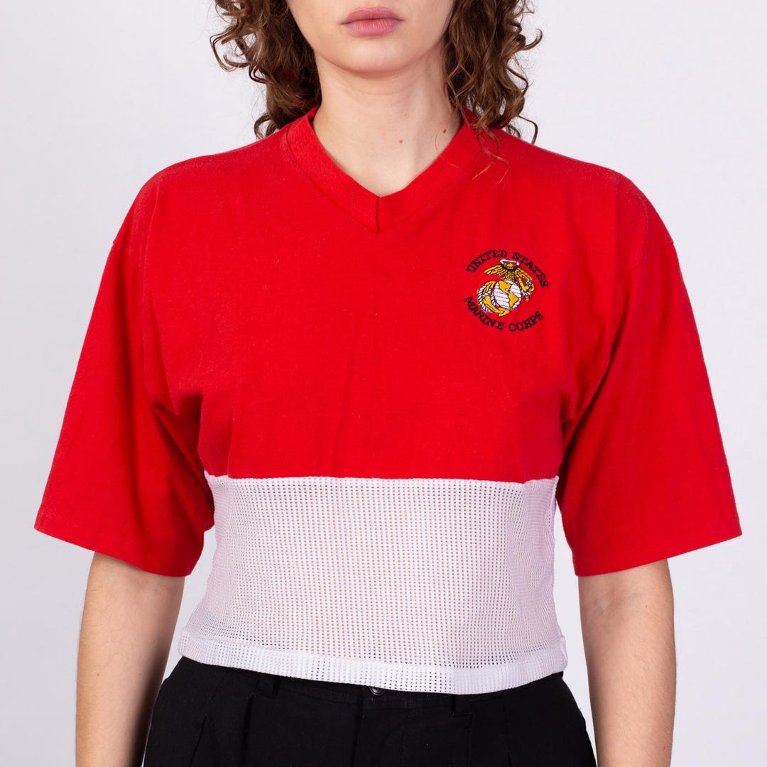 XL 80s US Marine Corps Red Mesh Crop Top Tee | Vintage USMC Graphic ...