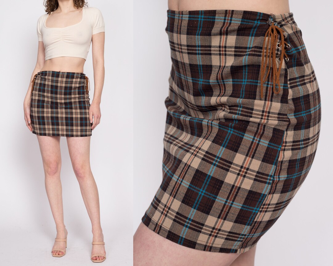 Medium Y2K Plaid Lace-up Mini Pencil Skirt 27"-29" | Vintage High ...