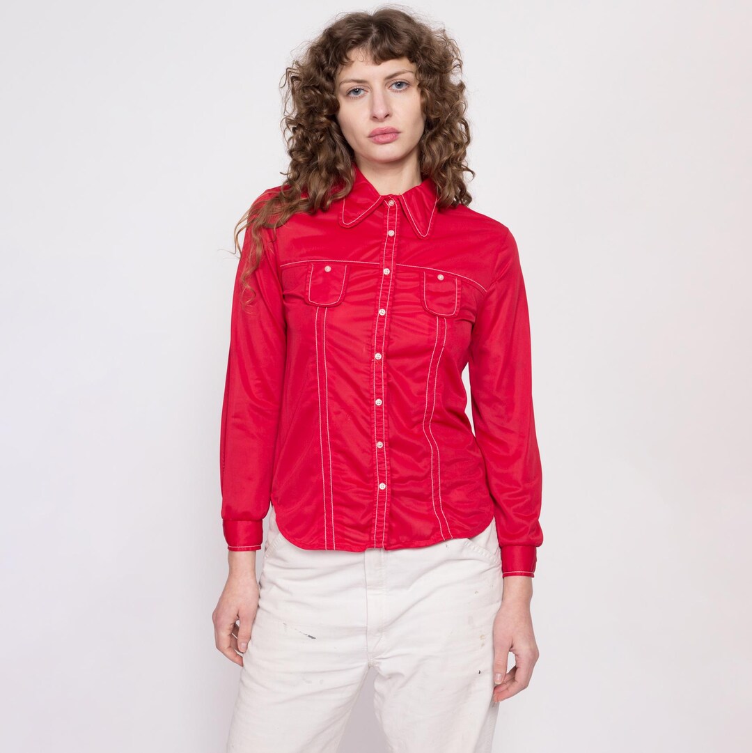 70s Mod Red Button up Top - Extra Small | Vintage Collared Long Sleeve ...
