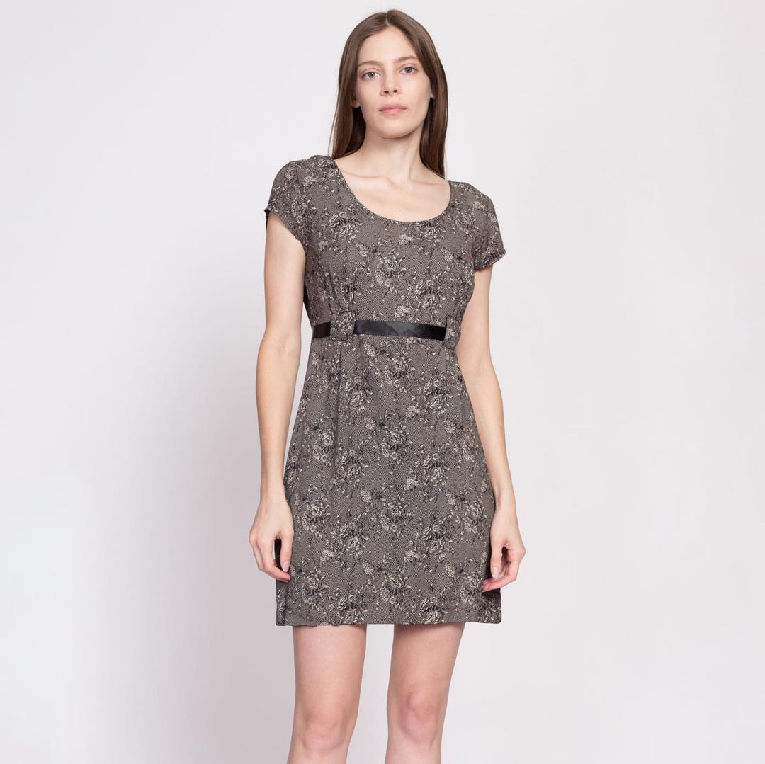 Small 80s Black Floral Satin Tie Mini Dress | Vintage Short Sleeve ...