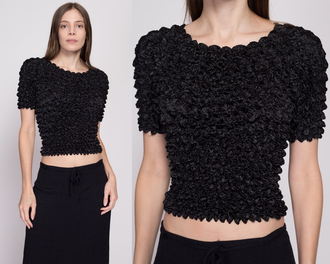 One Size Y2K Black Popcorn Crop Top Vintage Stretchy Cropped Scrunch ...