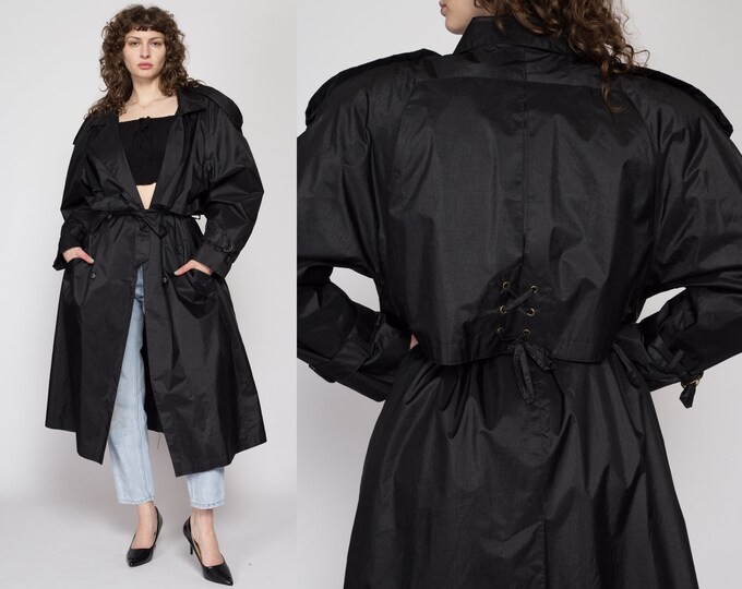 1X 80s Gothic Black Belted Corset Back Trench Coat | Vintage British ...