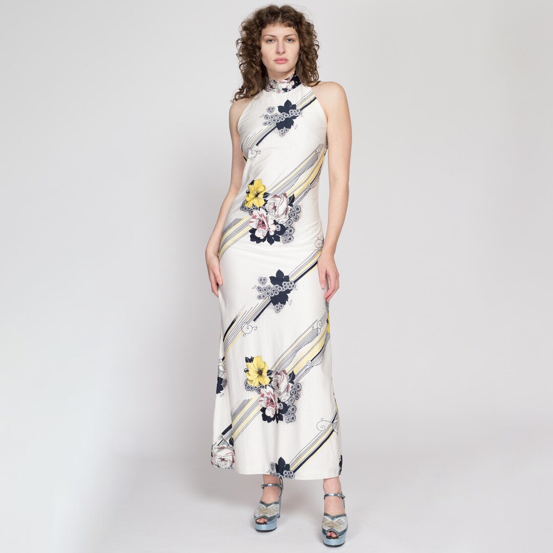 70s Abstract Floral Maxi Disco Gown - Small | Vintage High Neck A Line ...