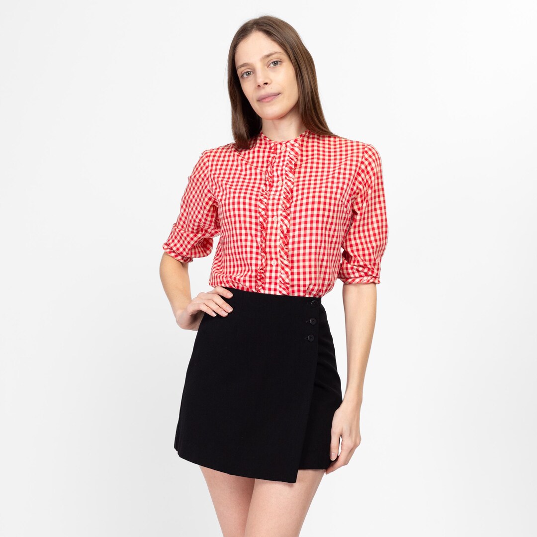 XS 1950s Red & White Gingham Ruffle Blouse | Vintage 50s Button up Half ...