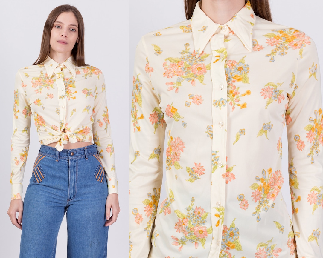 70s Boho Floral Button up Top Extra Small | Vintage Long Sleeve Pointed ...
