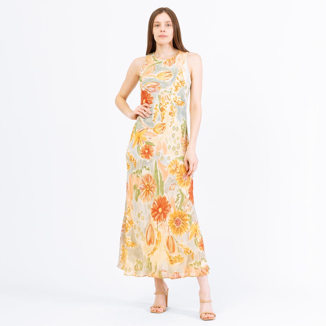 Vintage 90s Boho Watercolor Floral Maxi Sundress - Medium | Sleeveless ...