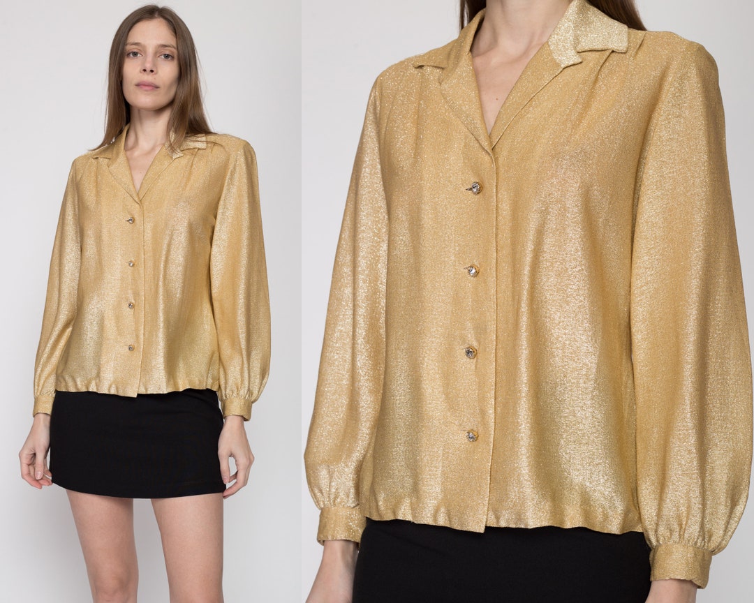 Large 70s Gold Metallic Lurex Blouse Vintage Nelly De Grab Retro Button ...