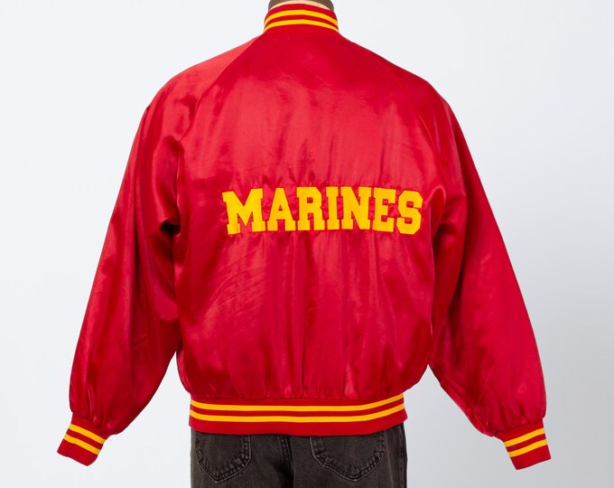Vintage 80s Marines Satin Bomber Jacket - Large | USMC Bulldog Mascot ...