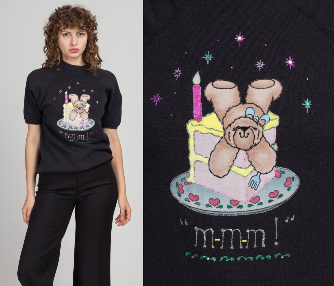Medium 90s mmm Cake Puff Paint Sweatshirt Vintage Black Teddy Bear ...