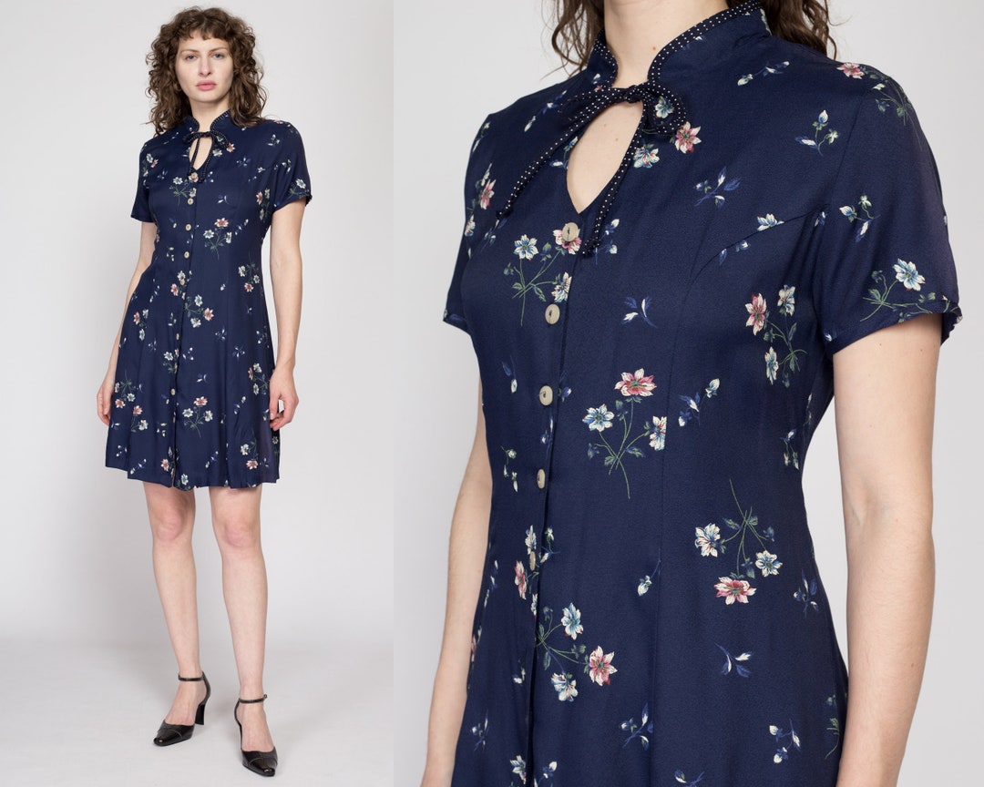 Large 90s Navy Blue Floral Keyhole Mini Dress | Vintage Boho Grunge ...