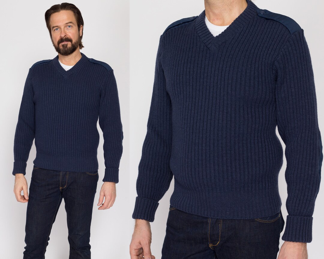 Med-lrg 80s Navy Blue Ribbed Knit Commando Sweater Vintage Wool ...
