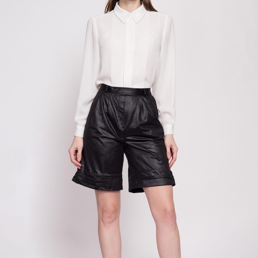 Sm-med 80s Shiny Black High Waisted Shorts | Vintage Minimalist Plain ...