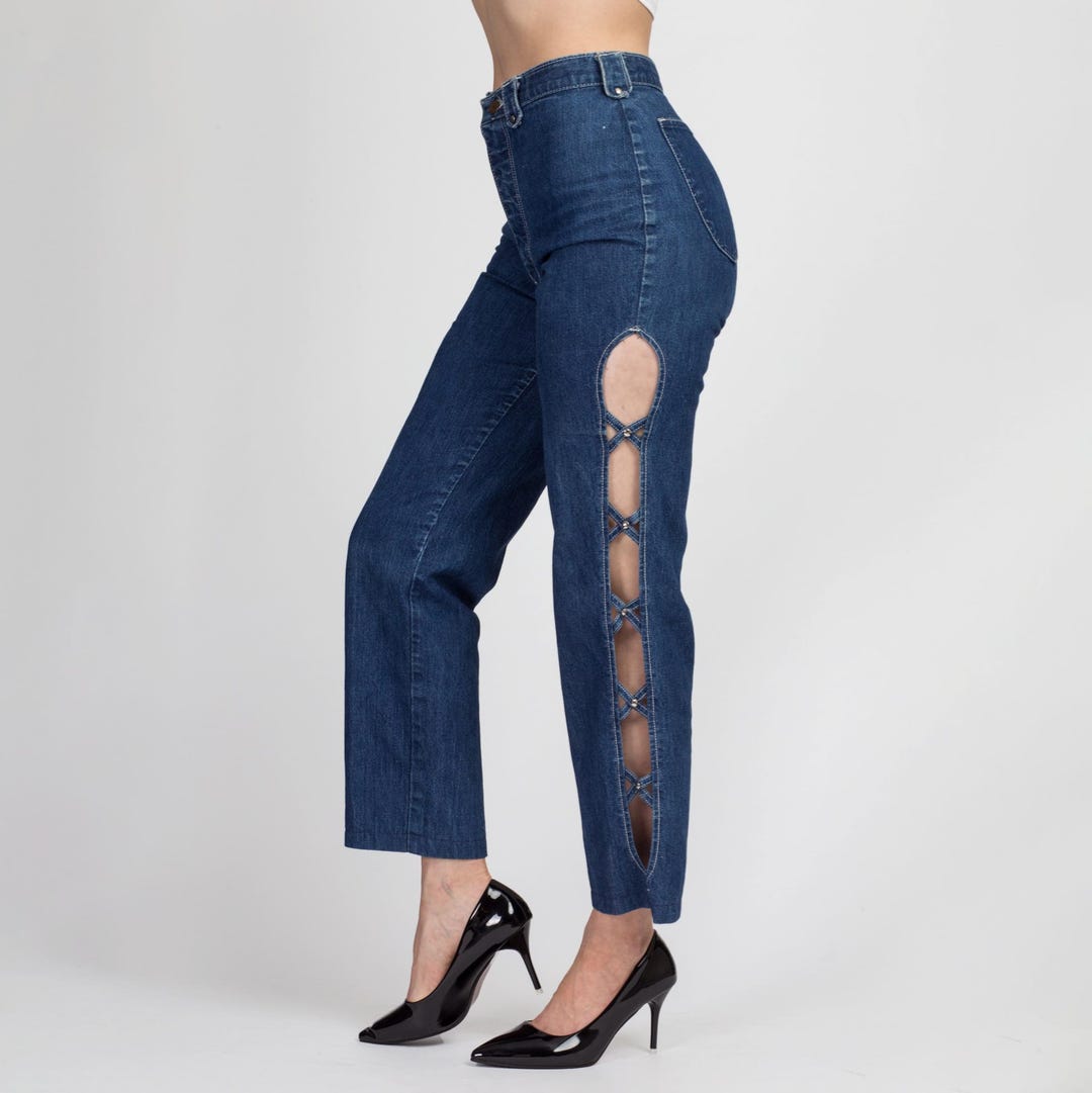 Medium 80s High Waisted Keyhole Cut Out Straight Leg Jeans 28 Vintage ...