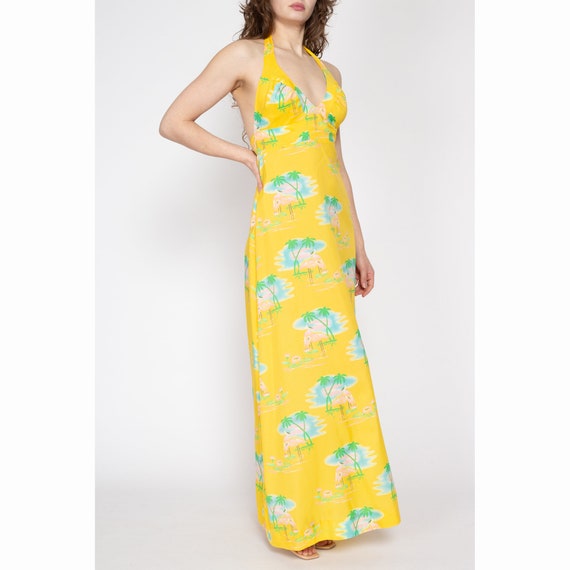 Medium 70s Yellow Flamingo & Palm Tree Print Halter M… - Gem