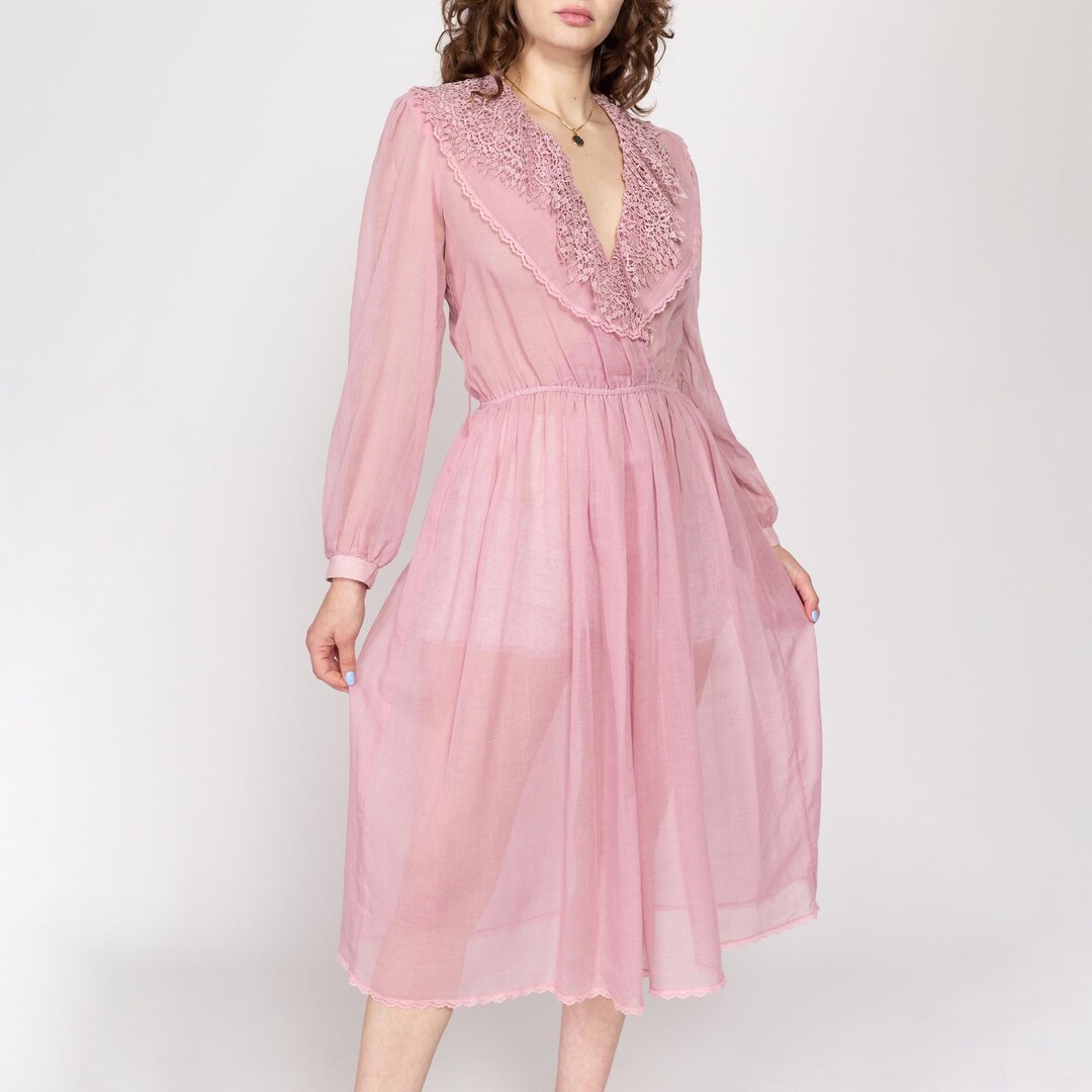 Medium 80s Sheer Dusty Pink Lace Collar Midi Dress | Vintage Jackie ...