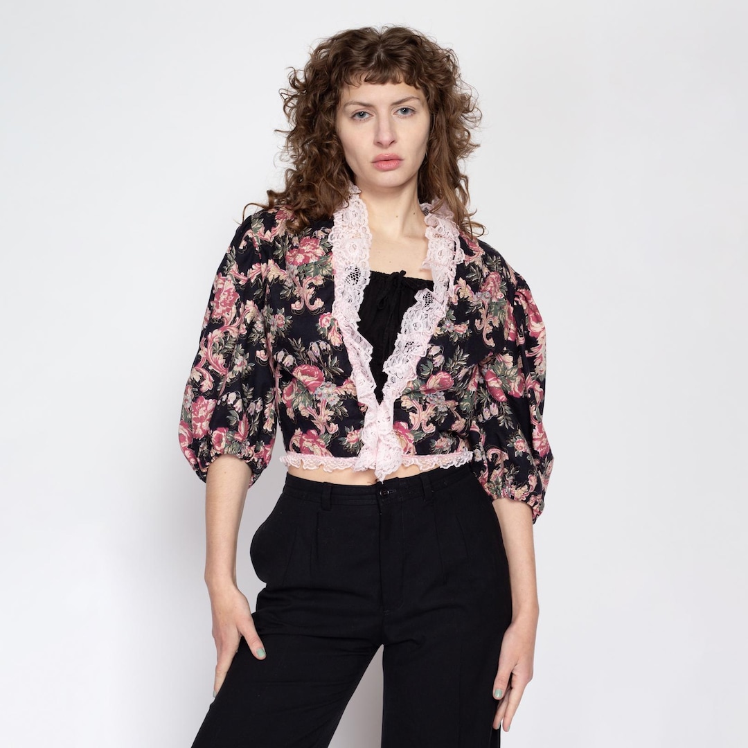 70s 80s Black Floral Puff Sleeve Bolero Top - Medium | Vintage Lace ...