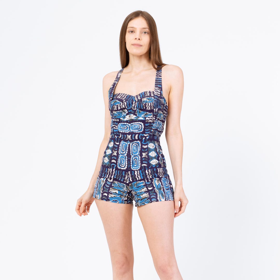 Vintage 1950s Jantzen Blue Tiki Print One Piece Swimsuit - Extra Small ...