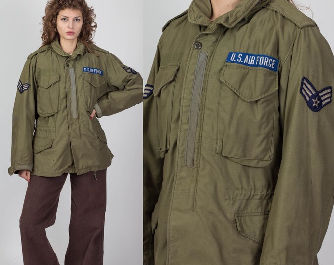 Medium 70s Military M65 Lined Field Patch Jacket Men's Short Vintage Olive Drab Vietnam Era US ...