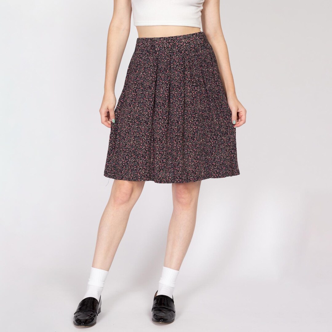 90s Black Floral Rayon Mini Skirt - Large | Vintage Grunge High Waisted ...