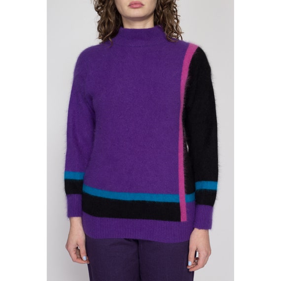 Medium 80s Purple Angora Color Block Sweater | Vintag… - Gem