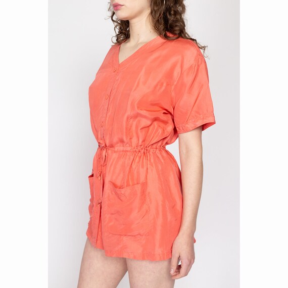 Small 80s Coral Pink Silk Micro Mini Shirtdress | Vin… - Gem